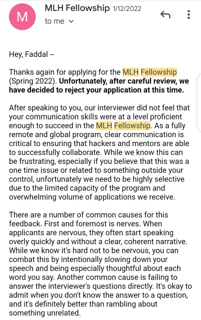 Getting rejected 5 consecutive times from the MLH FELLOWSHIP - Faddal Ibrahim